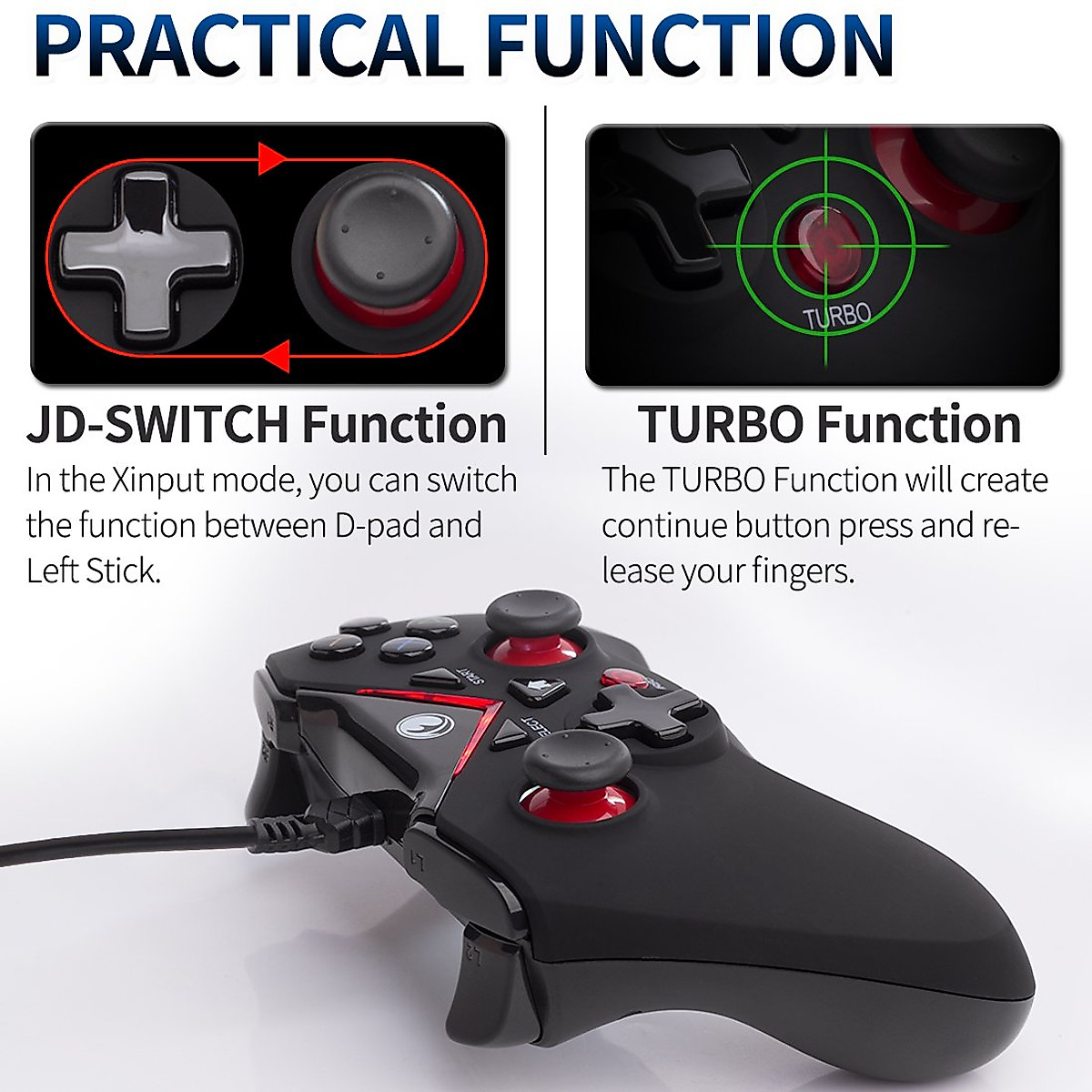 IFYOO V-one Wired USB Gaming Controller Gamepad Joystick for PC (Windows XP/7/8/10/11) & Steam & Android & PS3 - Red