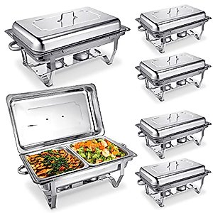 6 Pcs Chafing Dish Buffet Set 8 Qt Stainless Steel Chafer Complete Set Catering Buffet Servers and Warmers with Foldable Frame, Food Pan, Fuel Holder and Lid for Parties Banquet Wedding (2 Half Size)