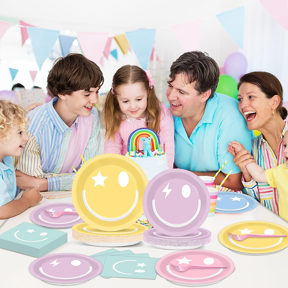 Justforjoyful 96Pcs Pastel Smile Face Party Decorations Paper Plates Napkin Preppy Smile Face Party Tableware Set Smile Face Dinnerware Supplies for Birthday Bachelorette Baby Shower Decor Serve 24