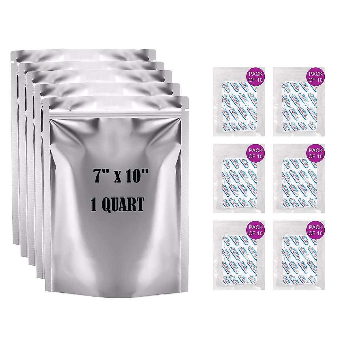50 Pack 1 QUART Mylar bags for Food Storage With 60 Pack 300cc Oxygen Absorbers Stand-Up Zipper Pouches Resealable for Long Term Food Storage (7" x 10")
