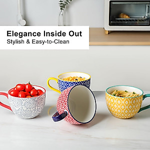 K KitchenTour Ceramic Soup Bowls with handle 24oz Set of 4 - Jumbo Soup Mugs for Cereal Tea Milk - Dishwasher & Microwave Safe - Bohemian Style