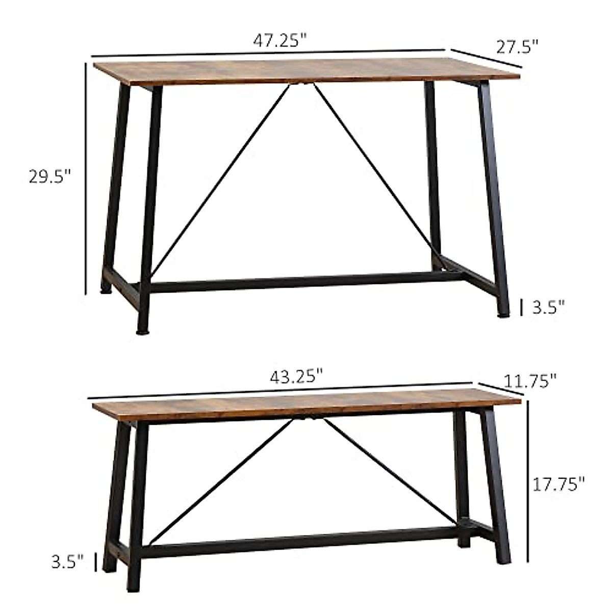 HOMCOM Industrial 3-Piece Dining Table Set, Rectangular Kitchen Table and Chairs for 4 People, Space-Saving Dinner Table with Two Benches, Rustic Brown