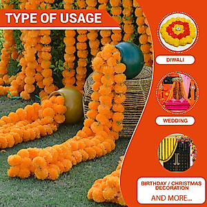 Marigold Garland for Decoration 5 Feet Indian Artificial Flowers for Diwali, Christmas, Party, Wedding Backdrop, Pooja & Cempasuchil Garlands Mexican Day of The Dead Halloween with 1 Diya (Orange 5)