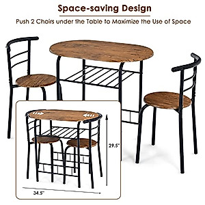 Giantex 3 Piece Dining Set Compact 2 Chairs and Table Set with Metal Frame and Shelf Storage Bistro Pub Breakfast Space Saving for Apartment and Kitchen (Black & Brown)