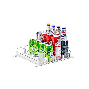 JILLMO Drink Organizer for Fridge, Self-Pushing Soda Can Organizer for Counter Refrigerator, Width Adjustable Pusher Glide, White, 12”depth-4rows