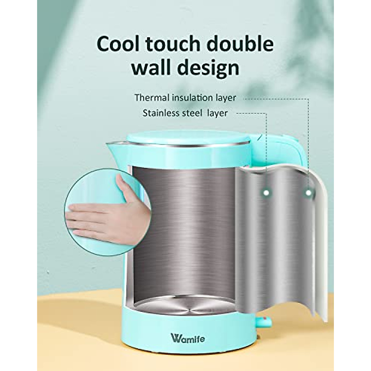 Wamife 1.5L Electric Kettle Water Boiler Stainless Steel Inner 1500W Hot Water Kettle Cool Touch Electric Water Kettle Fast Heating, Blue