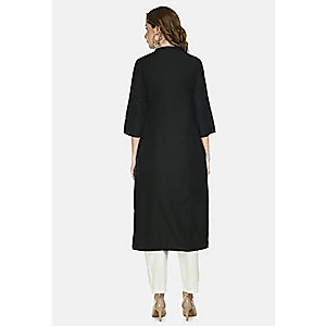 Lagi Women A-Line Solid Front Slit Poly Silk kurta Kurti. (Black, S)