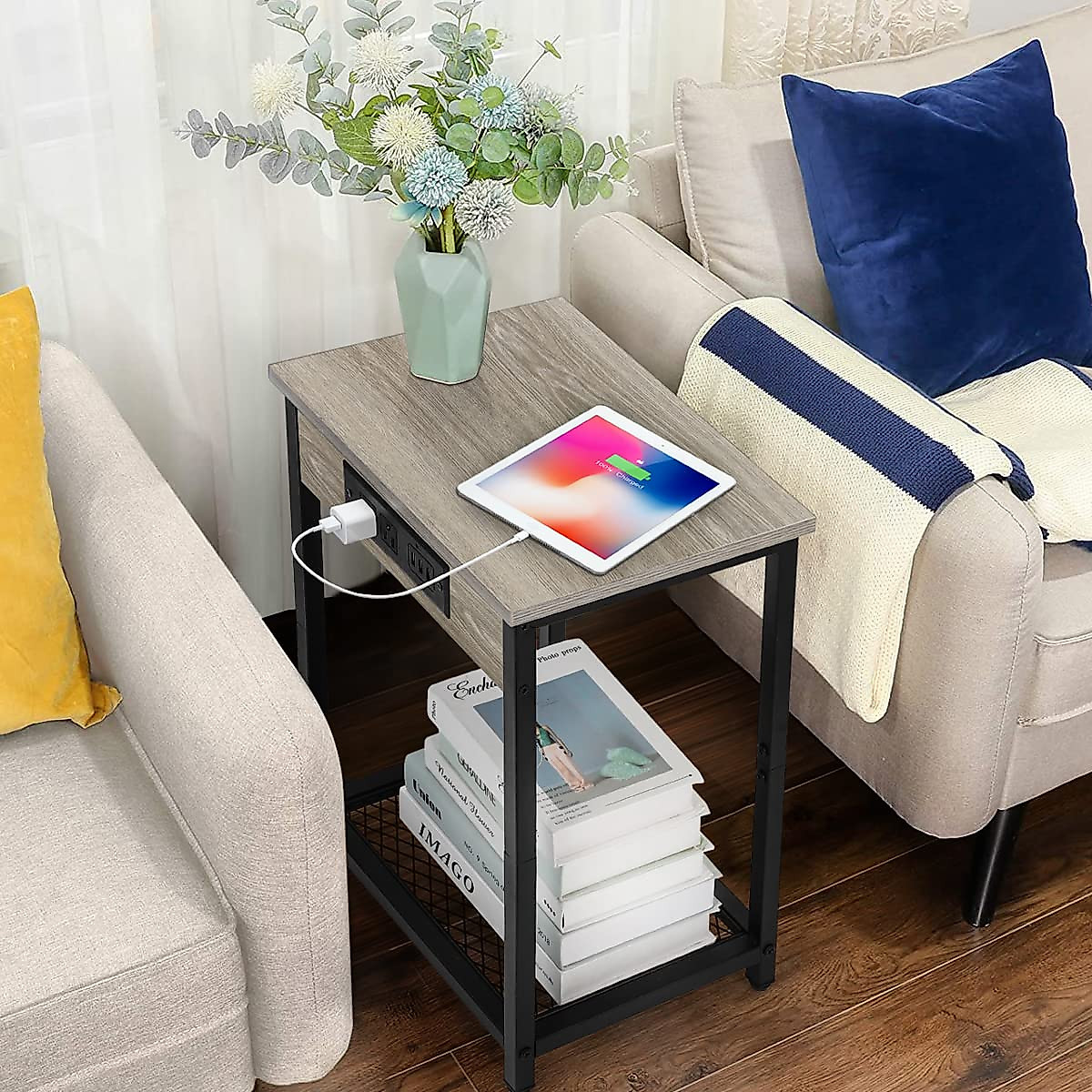 melos Nightstands with Charging Station, 2 Tier Bedside Table with USB Ports and Outlets, Narrow End Table with Storage Shelf, Side Tables for Bedroom, Living Room, Gray