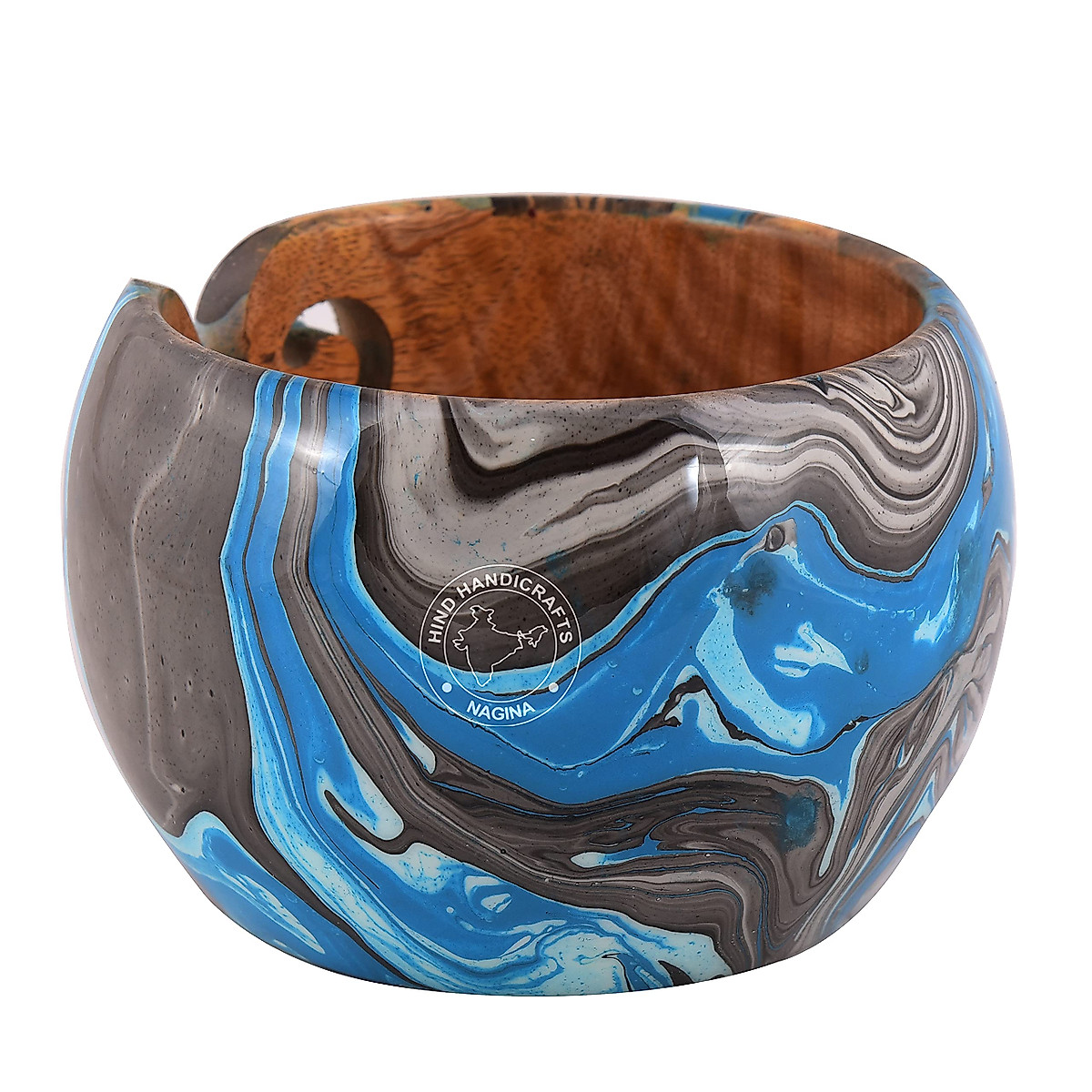 Hind Handicrafts Premium Solid Dark Handmade Crafted Wooden Portable - Antique Yarn Storage Bowl - Holder for Knitting Crochet Hook Accessories (6" x 6" x 4", Blue Waves)
