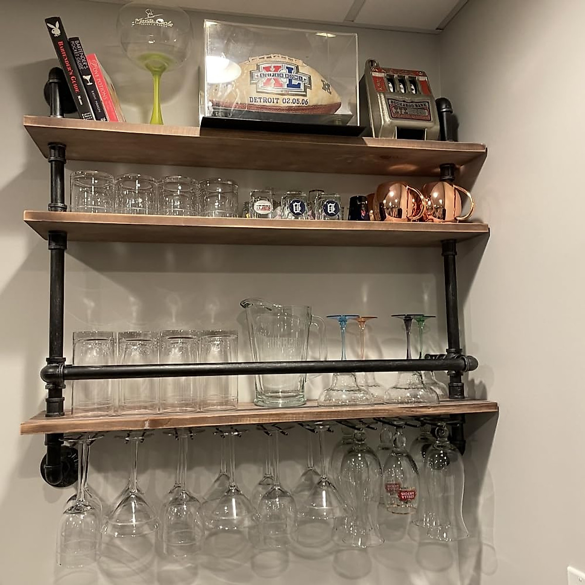 Industrial Pipe Shelf Wine Rack Wall Mounted with 9 Stem Glass Holder,36in Real Wood Shelves Kitchen Wall Shelf Unit,3-Tiers Rustic Floating Bar Shelves Wine Shelf,Steam Punk Pipe Shelving Glass Rack