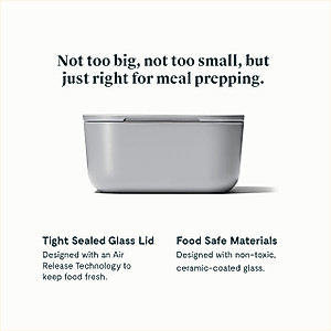 Caraway Glass Food Storage, 6.6 Cup Glass Container,Ceramic Coated Food Container,Easy to Store, Non Toxic, Non Stick Lunch Box Container with Glass Lids. Dishwasher, Oven,Square Shape,Gray
