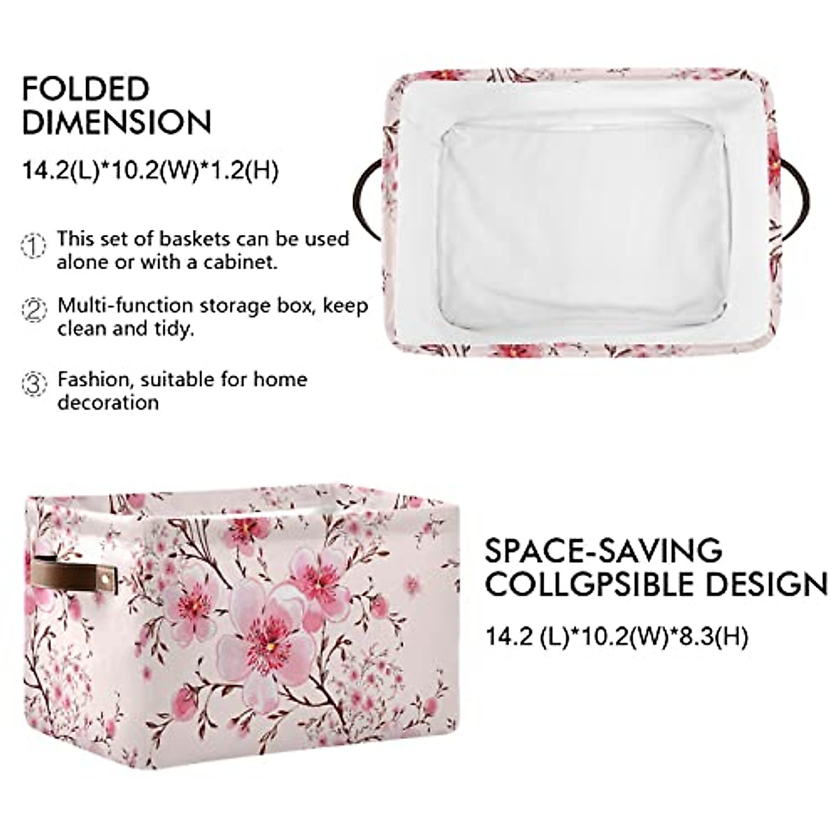Cherry Blossom Basket Large Foldable Storage Bin Pink Flowers Canvas Toys Box Fabric Decorative Collapsible Organizer Bag with Handles for Bedroom Home