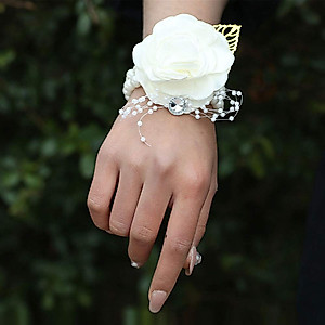 XAN Bridesmaid Wrist Flower Corsage Bride Silk Wrist Flower, with Artificial Pearl Bead Elastic Bracelet Wristband Gold Leaf, Used for Wedding Ball Hand Flower Decoration (Burgundy Combination)