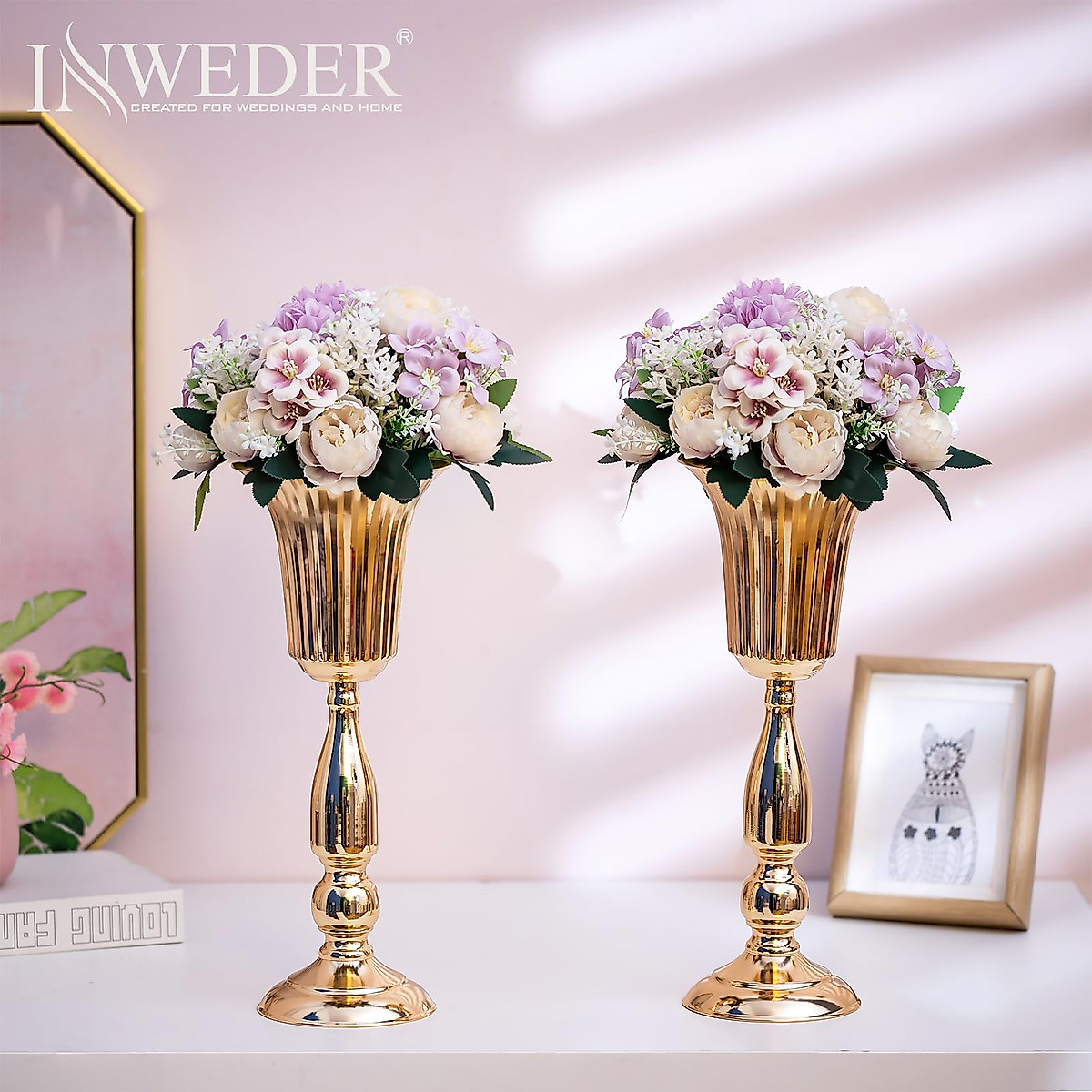 Gold Vase Wedding Centerpieces for Tables - 2 Pcs Tall Trumpet Vases for Centerpieces Table Decorations, 15.7in Metal Tabletop Flower Stand, Wedding Reception Flower Vase for Birthday, Home Decor