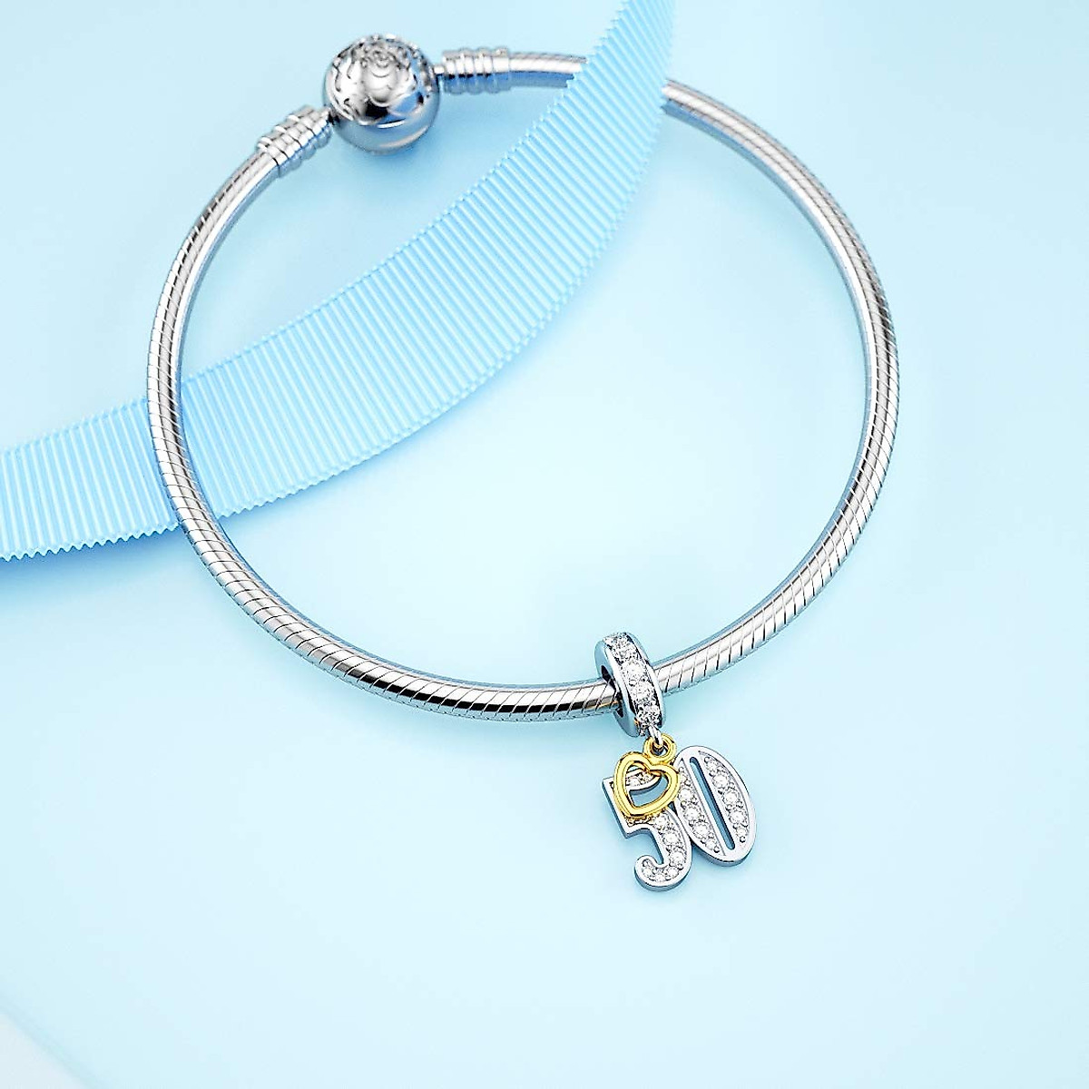 Silver 50th Birthday Charms Anniversary Golden Heart 50 Years of Love Dangle Beads for Pandora Bracelets Necklaces