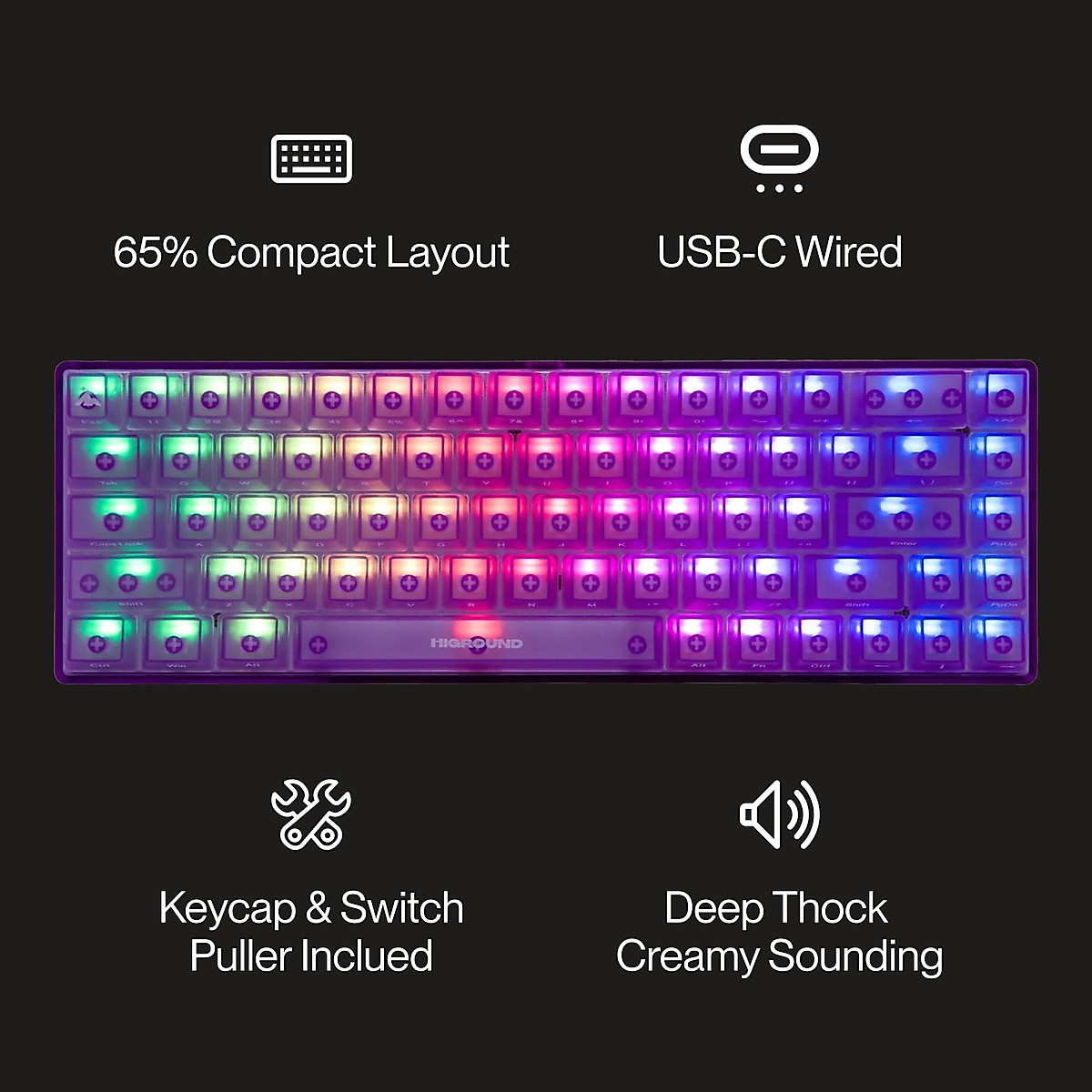 Higround Crystal Amethyst Basecamp 65% Mechanical USB Wired Gaming Keyboard, White Flame Switches, Programable RGB, Transparent/Translucent, Hot-Swappable, Deep Thock Creamy Sounding PC Keyboard