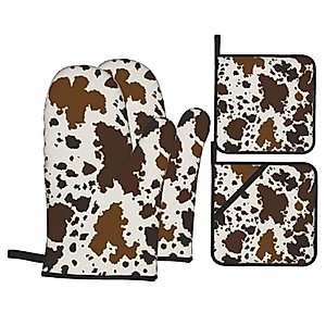 Feartdiy Oven Mitts and Pot Holders Sets of 4,Cow Leather Brown Print Heat Resistant Kitchen Cooking Oven Gloves and Potholders for BBQ Baking Grillin, One Size