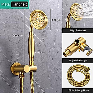Homekicen Brushed-Gold Antique Shower System with Jets: 9 inch Rain Faucet Sets Complete Wall Rainfall Head and Handheld Spray Fixtures Combo, 3 Way Diverter Brass Rough in Valve Trim Kit