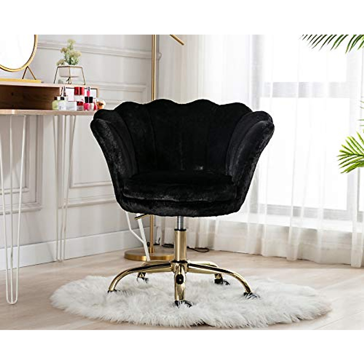 Kmax Office Desk Chair, Fur Makeup Arm Chair Gold Base, Black
