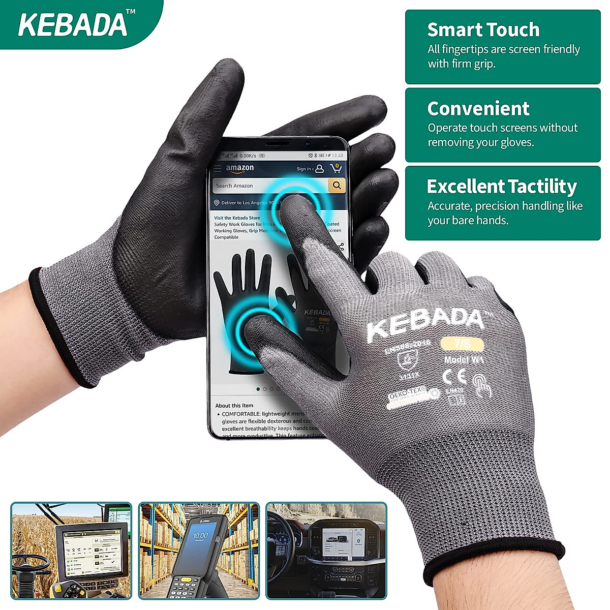 Kebada W1 Work Gloves for Men and Women with Grip,12 Pairs Bulk Pack Mechanic Gloves,PU Coating on Palm & Fingers,Breathable Mens Gardening Touchscreen,Lightweight,Gray Large