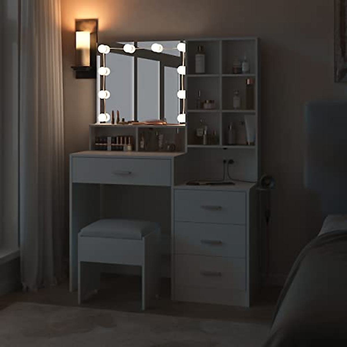 Vabches White Vanity Desk with Mirror and Lights, Makeup Vanity Table with Charging Station, 3 Lighting Modes Brightness Adjustable, 4 Drawers, 8 Shelves, Vanity Set, 38.7in(L)