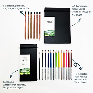 Blue Acorn Watercolour Journal Gift Set - Includes a Watercolour Travel Journal (60 Pages), an A5 Landscape Watercolour Travel Journal (60 Pages), 12 Water-Soluble Pencils and 6 Sketching Pencils