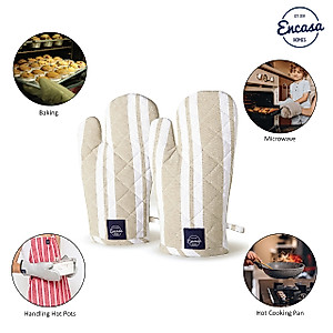 Encasa Homes Long 14 inch Oven Microwave Hand Gloves Mitts (2 pc Set) for Kitchen Cooking & Baking - Heat Resistant, Thick & Safe, Protection of Hands from Hot Utensils - Franca Beige Stripes