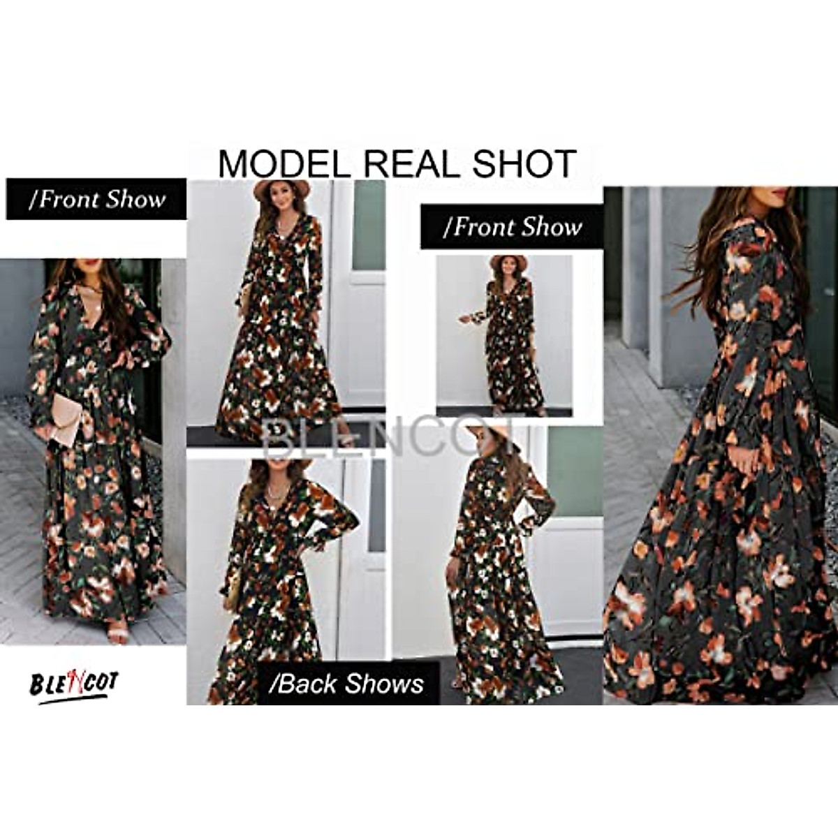 BLENCOT Women's Casual Boho Floral Printed Deep V Neck Loose Long Sleeve Long Evening Dress Ruched Cocktail Party Maxi Wedding Dress Black Medium
