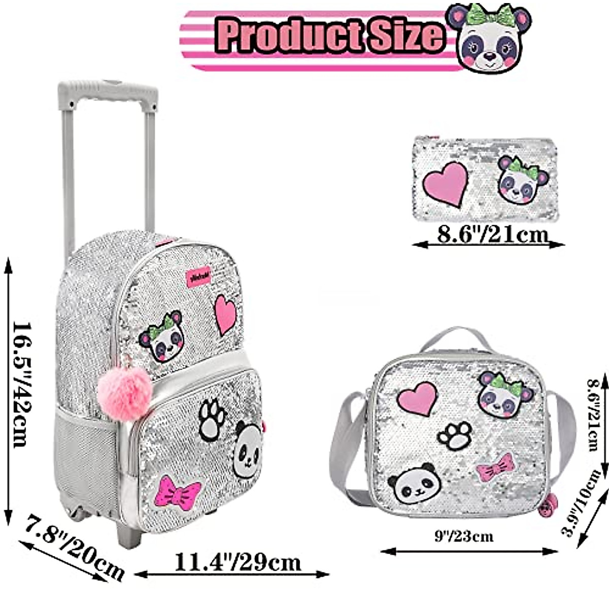 JSMNIAI Girls Rolling Backpack Sequin Panda Rolling Wheels Backpacks for Elementary Preschool Roller Luggage with Lunch Box