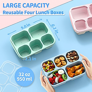 Bento Box Adult Lunch Box - 4 Pack, 5 - Compartment Meal Prep Container for Kids, Reusable Food Storage Snack Containers - Stackable for School, Work, and Travel (Wheat(Green/Blue/Pink/Beige))