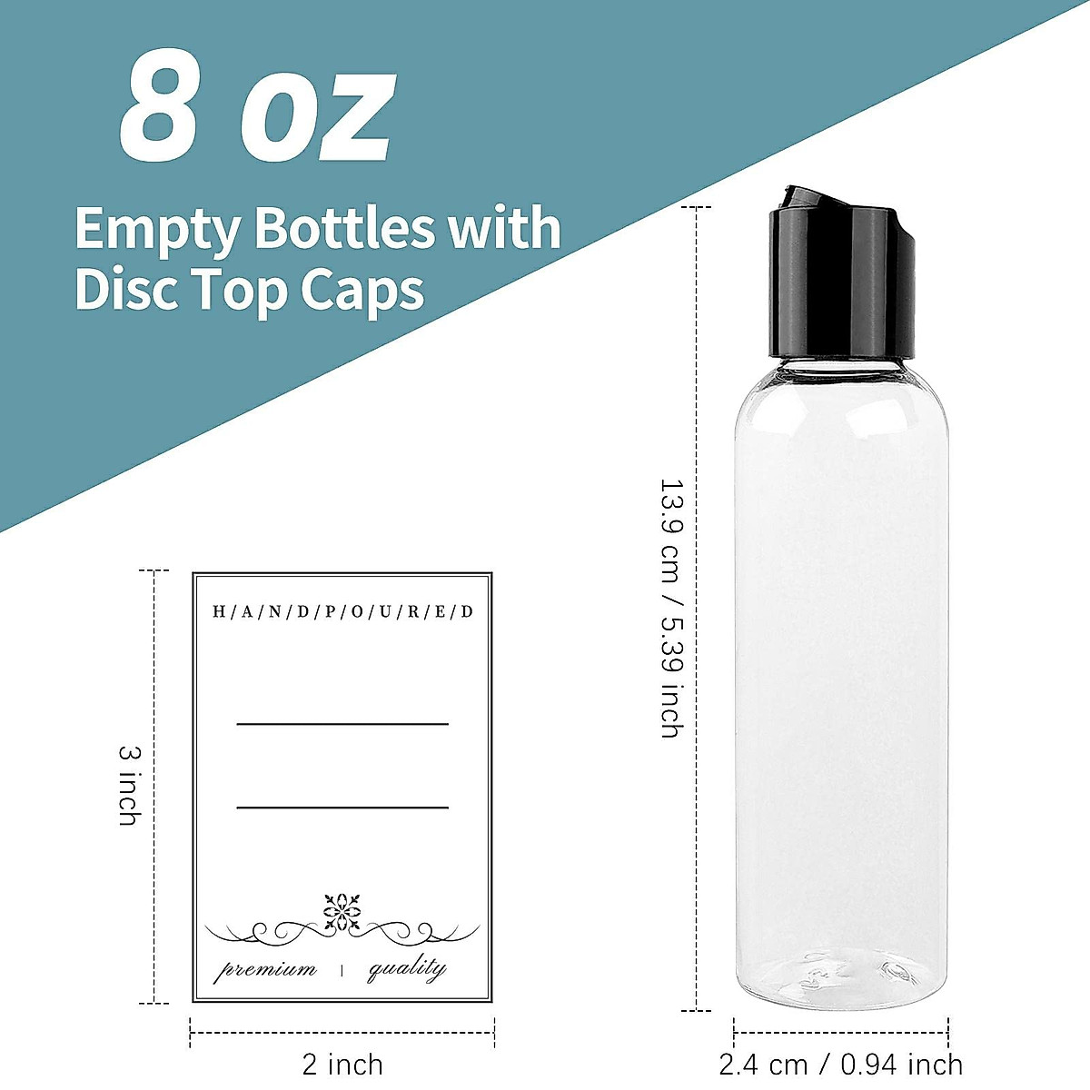 Qeirudu 8 oz Clear Plastic Empty Bottles with Disc Caps and Labels, 12 Pack Refillable Travel Containers Squeezable Lotion Bottles for Cream Shampoo Conditioner