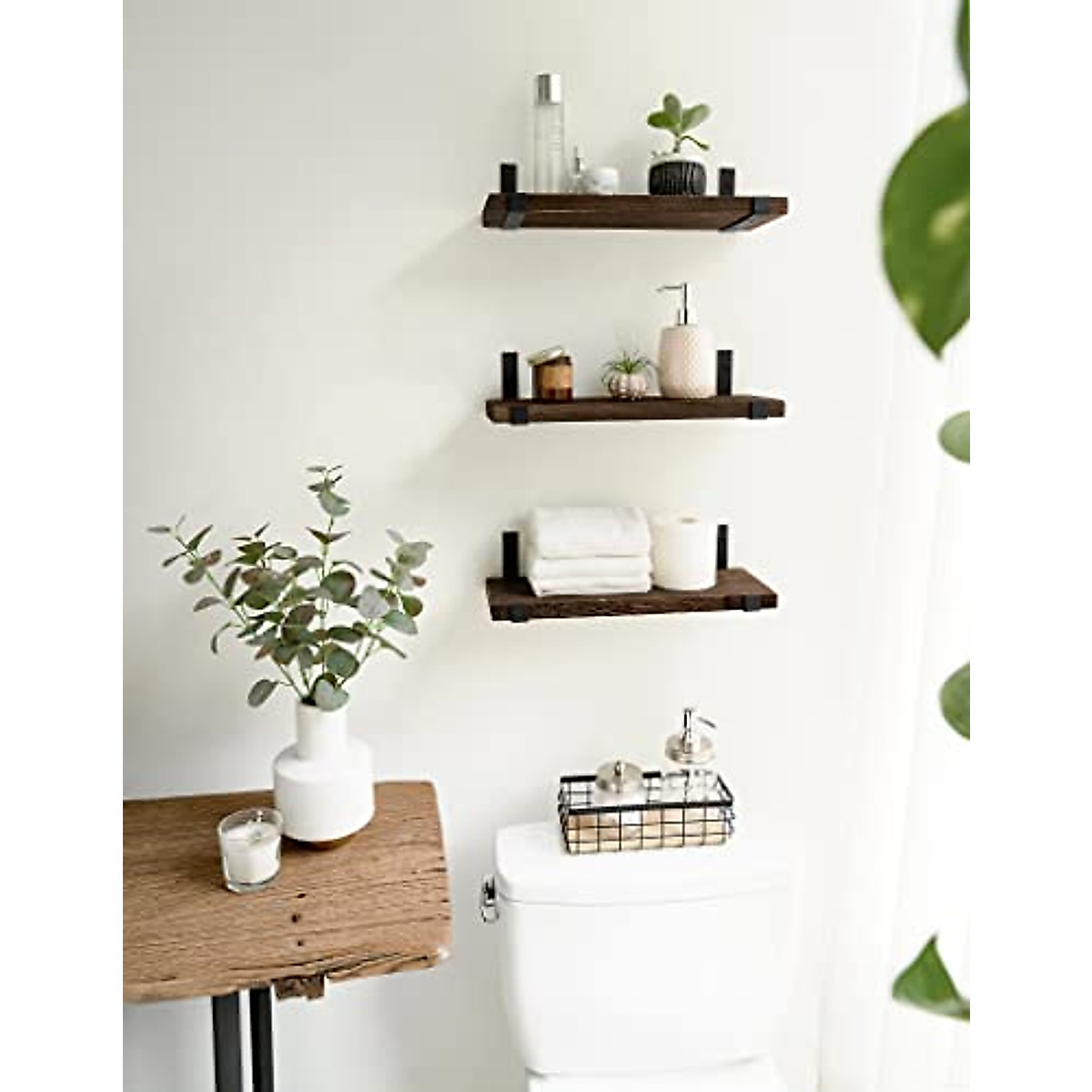 Mkono Rustic Wood Floating Shelves 5 Pieces Wall Mounted Decoractive Shelf and Corner Shelves for Bedroom, Living Room, Bathroom, Kitchen, Hallway, Office