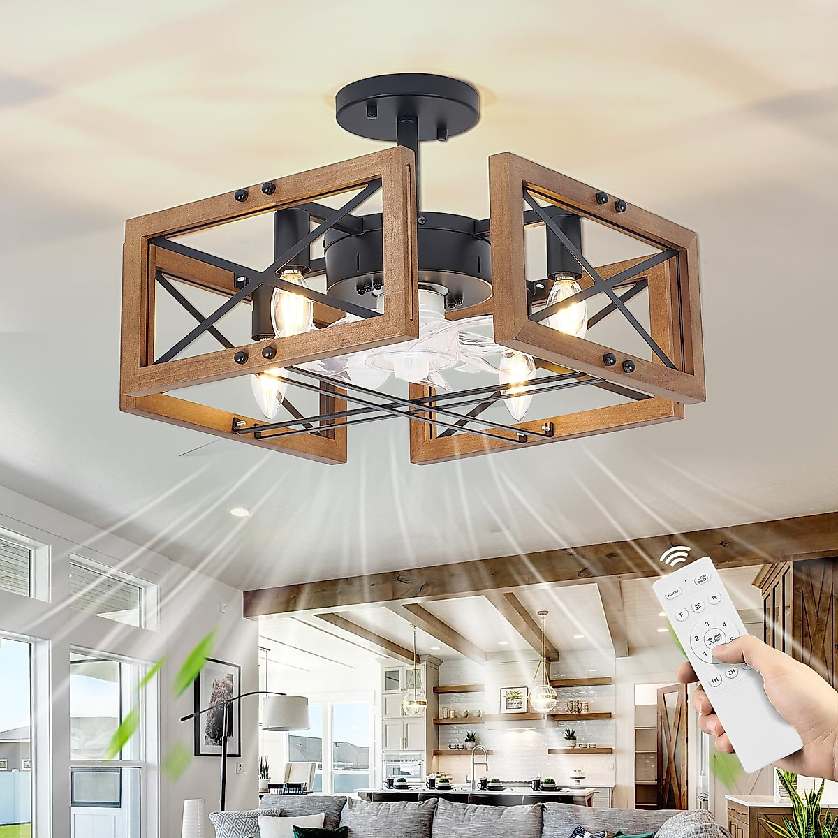 Farmhouse Ceiling Fans with Lights, Wood Flush Mount Ceiling Fan Lights with Remote Control,Caged Indoor Ceiling Fan with Light for Living Room,Bedroom,Kitchen