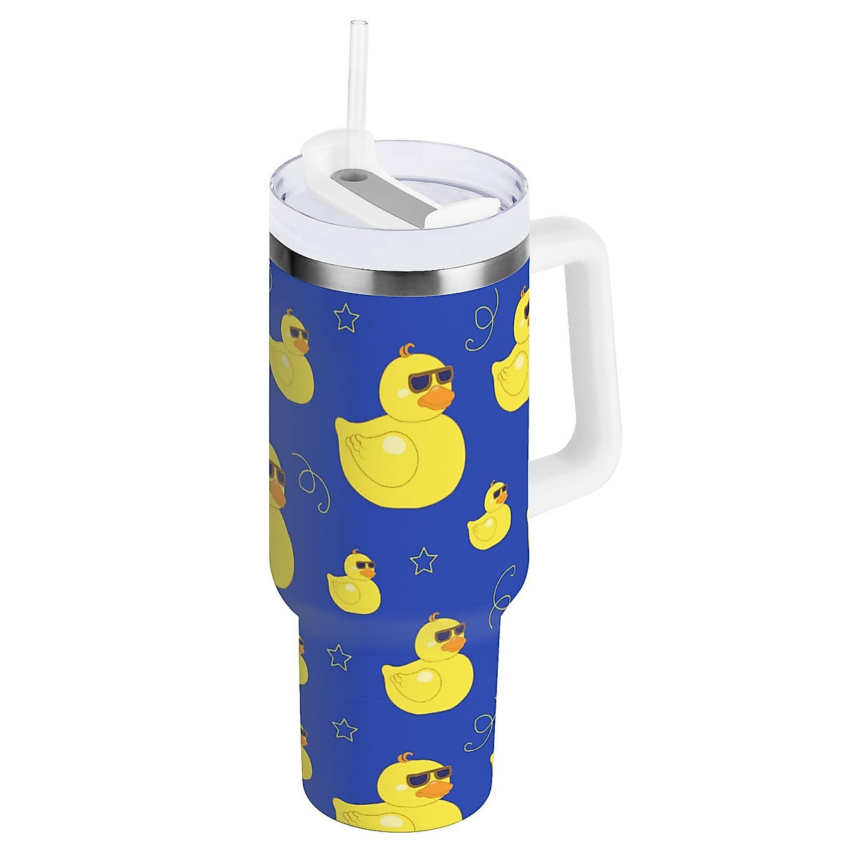 Doodle Cute Yellow Duck Blue Tumbler with Handle and Straw Lid, Cartoon Animal 40 oz Insulated Coffee Cup Stainless Steel Water Bottle Travel Mug Cupholder Friendly,Gifts for Women Men