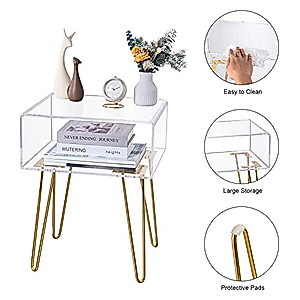 HMYHUM Acrylic Nightstand with Metal Legs, Bedside Table for Bedroom, Easy Assembly, Modern, 18.1'' L x 15'' W x 23.4'' H, Clear & Gold