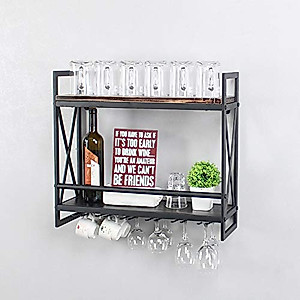 MBQQ Rustic Wall Mounted Wine Racks with 6 Stem Glass Holder,24in Industrial Metal Hanging Wine Rack,2-Tiers Wood Shelf Floating Shelves,Home Room Living Room Kitchen Decor Display Rack,Retro Black