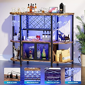 Hyomdeck Wine Bar Cabinet with LED Lights and Power Outlets, Industrial Coffee Bar Cabinet for Liquor and Glasses, Farmhouse Bar Cabinet with Freestanding Wine Racks for Kitchen/Dining, Rustic Brown