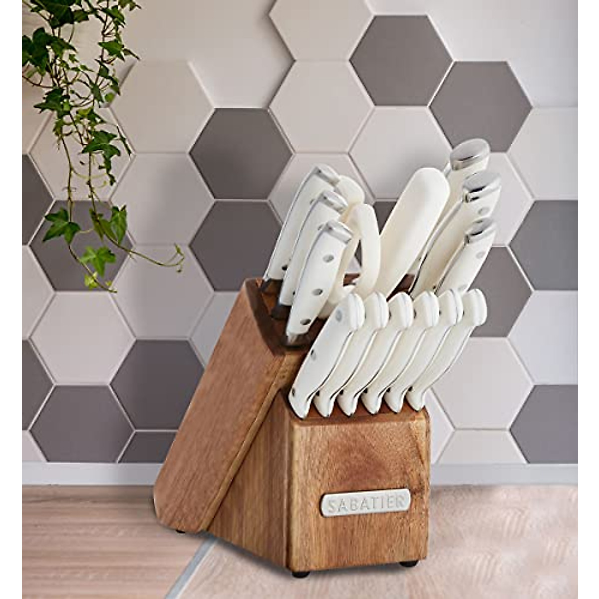 Sabatier 15-Piece Forged Triple Rivet Knife Block Set, High-Carbon Stainless Steel Kitchen Knives, Razor-Sharp Knife set with Acacia Wood Block, White Handles