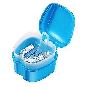 Denture Case Denture Bath Box Case Dental Orthodontic Retainer False Teeth Storage Case Box with Strainer denture cups for soaking dentures (Blue)