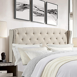 Rosevera Louis Upholstered Wingback Headboard with Double Nailhead Trimming and Button Tufting for Bedroom, Queen, Linen Beige