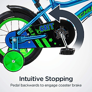 Schwinn Grit Push Steer and Ride Kids Bike, Boys Beginner Bicycle, 12-Inch Wheels, with Training Wheels, Parent Push Handle, Water Bottle and Holder, Blue