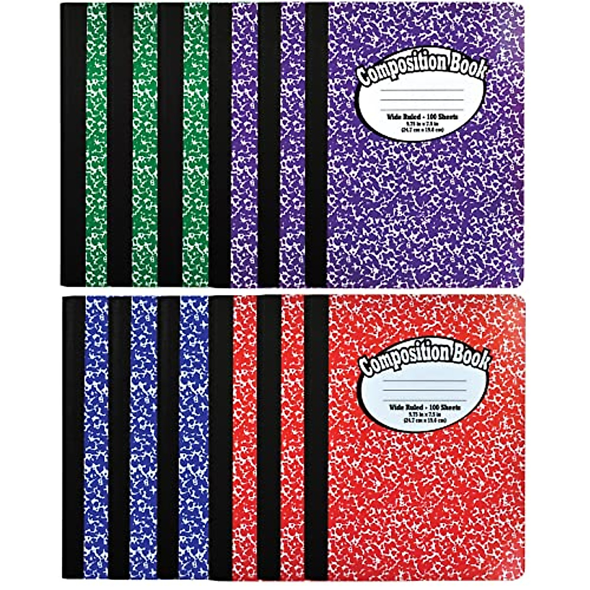 Better Office Products Composition Book Notebook - Hardcover, Wide Ruled (11/32-inch), 100 Sheet, One Subject, 9.75" x 7.5", Assorted Covers: Red, Blue, Green, Purple-12 Pack