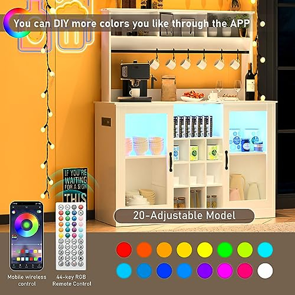 Vinctik 6&Fox Farmhouse LED Coffee Bar w/60000-color Lights,Power Outlet,7 Hooks,9Wink Racks,Adjustable Shelf for Tea Liquor Wine.Sliding Glass Door