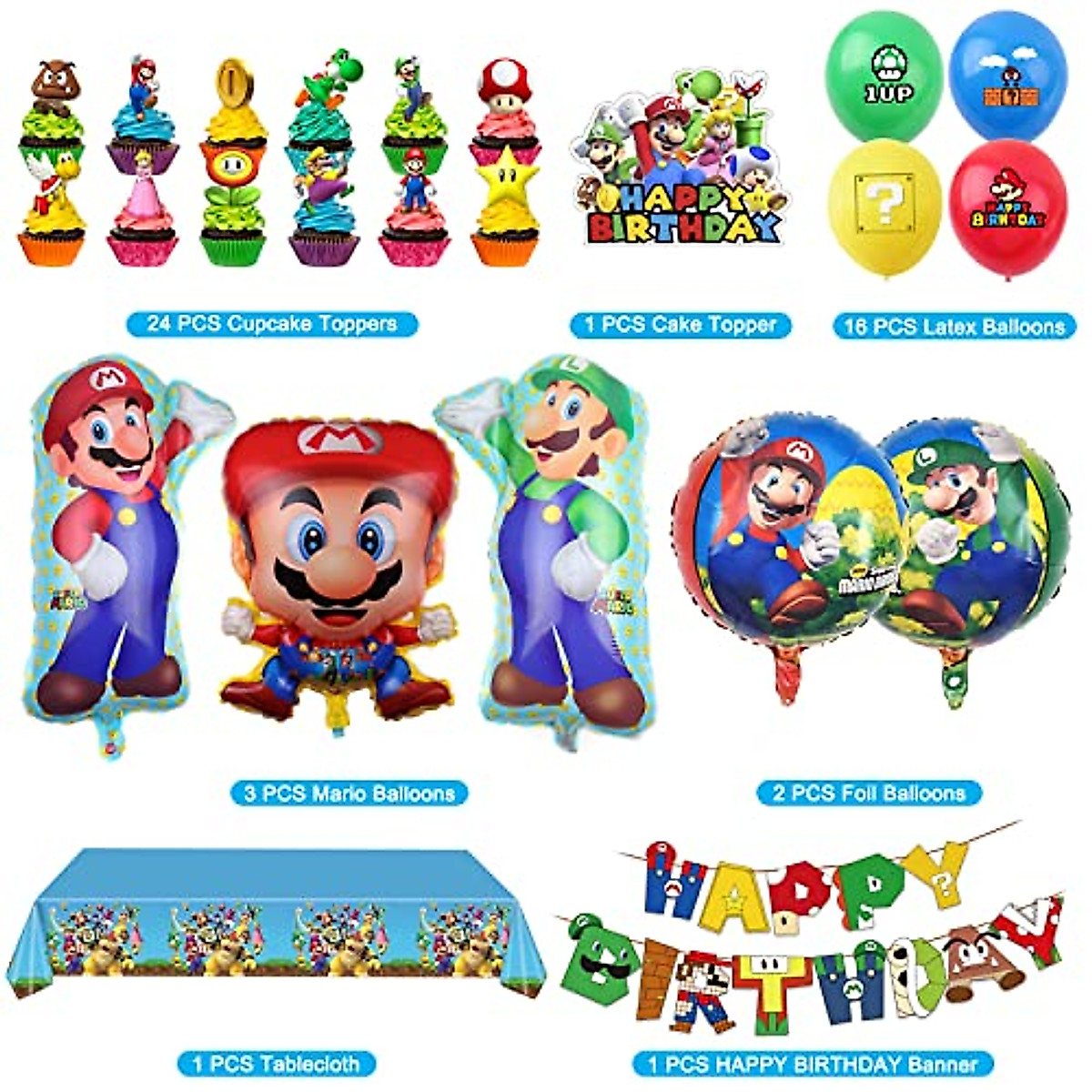Mario Birthday Party Supplies, Birthday Decorations Set Include Banner Balloons Cake Cupcake Toppers Tablecloth for Boys Girls Video Game Theme Party