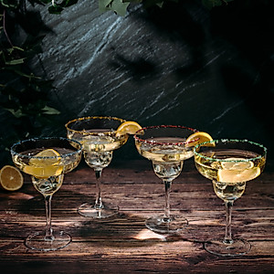 12 oz Margarita Cocktail Glasses + Colorful Party Rims | Set of 4 | Heavy Duty, Thick, Hand Blown, Classic Frozen Drinks Stemware + Fun Mexican Gift Box, Great Gifts! Fiesta Party Decoration Glasses