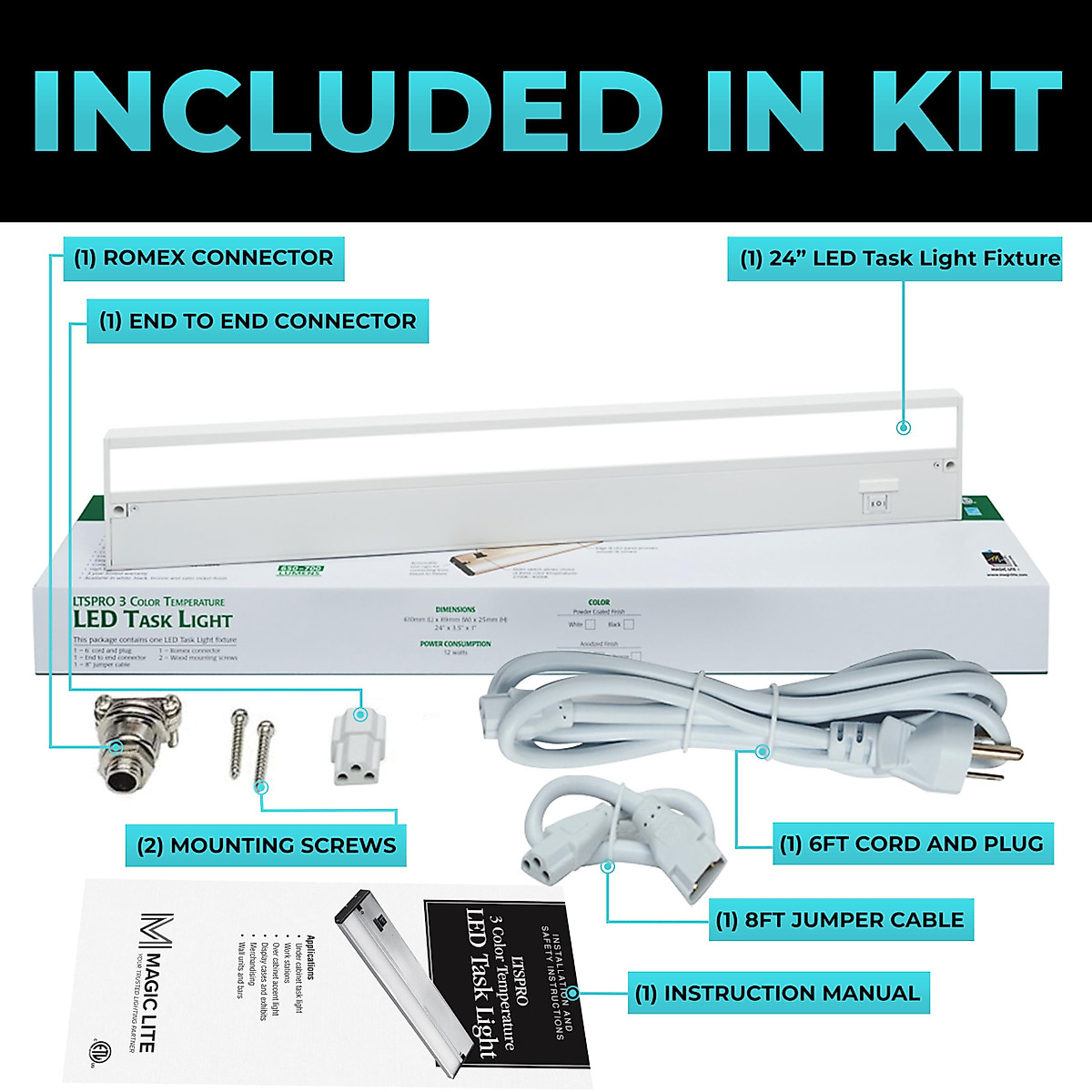 Magic Lite 24 Inch White LED Under Cabinet Lighting – Dimmable -3 Color Temperature Slide Switch – Warm White (2700K), Soft White (3000K), Cool White (4000K) - Plugged-in or Hardwired Installation