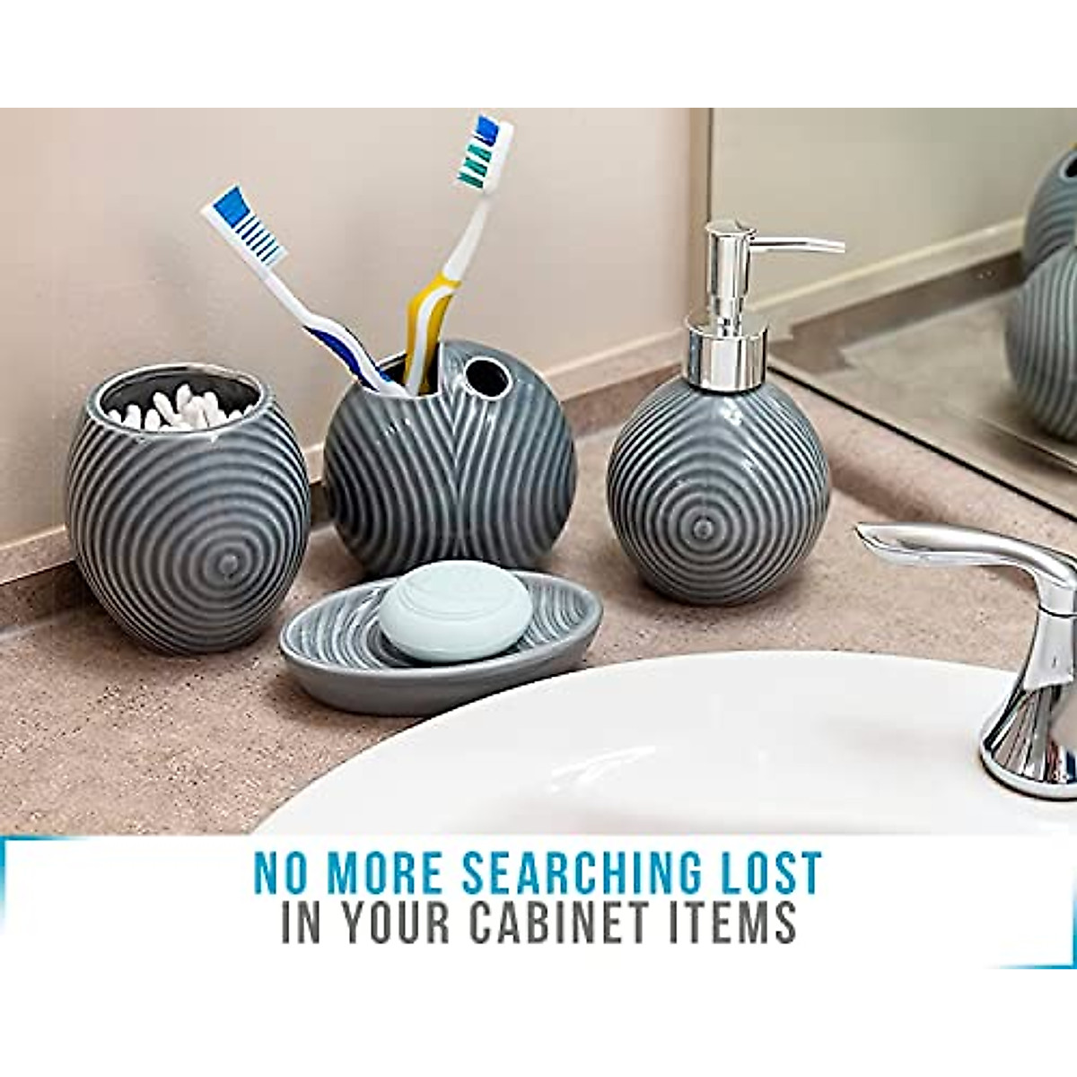 Designer 4-Piece Bathroom Accessory Set – Ceramic Bath Set w/Liquid Soap or Lotion Dispenser, Toothbrush Holder, Tumbler and Soap Dish – Decorative Set w/Embossed Details – Modern Vanity Accessories