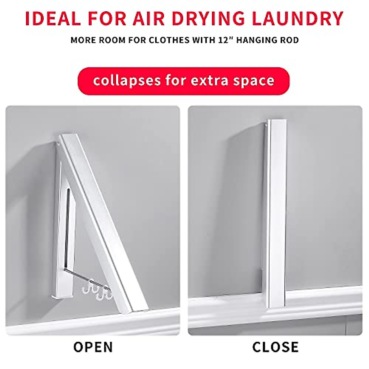 Dr.DJ Retractable Clothes Rack-Laundry Room Drying Rack Wall Mounted Clothes Hanger Foldable, Wall Mount, Folding Clohes Wall Hanger Home Storage Organizer, Aluminium, 2 Racks with Rod (Silver)