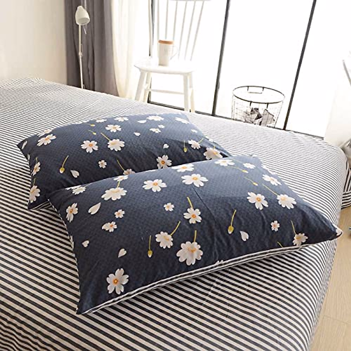 HighBuy Floral Duvet Cover Kids Girls Shabby Chic Duvet Cover Set Cotton Striped Reversible Stripe Pattern Navy Blue Teens Boys Bedding Sets Twin Single Bed Comforter Covers