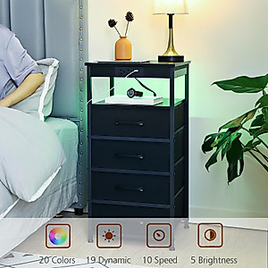 LOAKEKEL Night Stand Set 2, Tall Nightstand with Charging Station, LED End Tables with USB C Ports and 2 Outlets, Bedside Table with 4 Fabric Drawers, Dresser for Bedroom, Black, HNS024BK